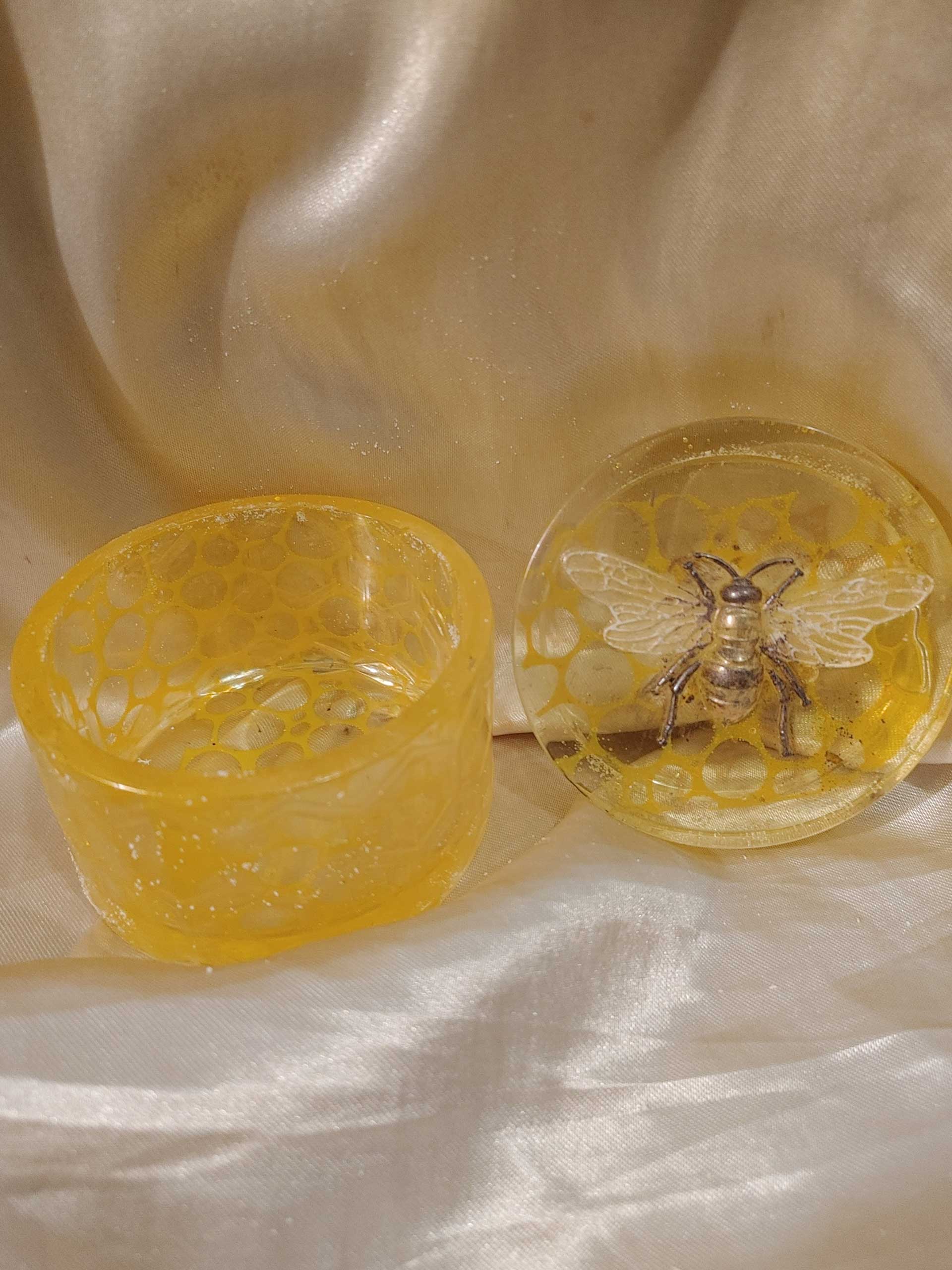 Beehive Inspired Yellow/Gold Round Container with Raised Bee Design Lid ...
