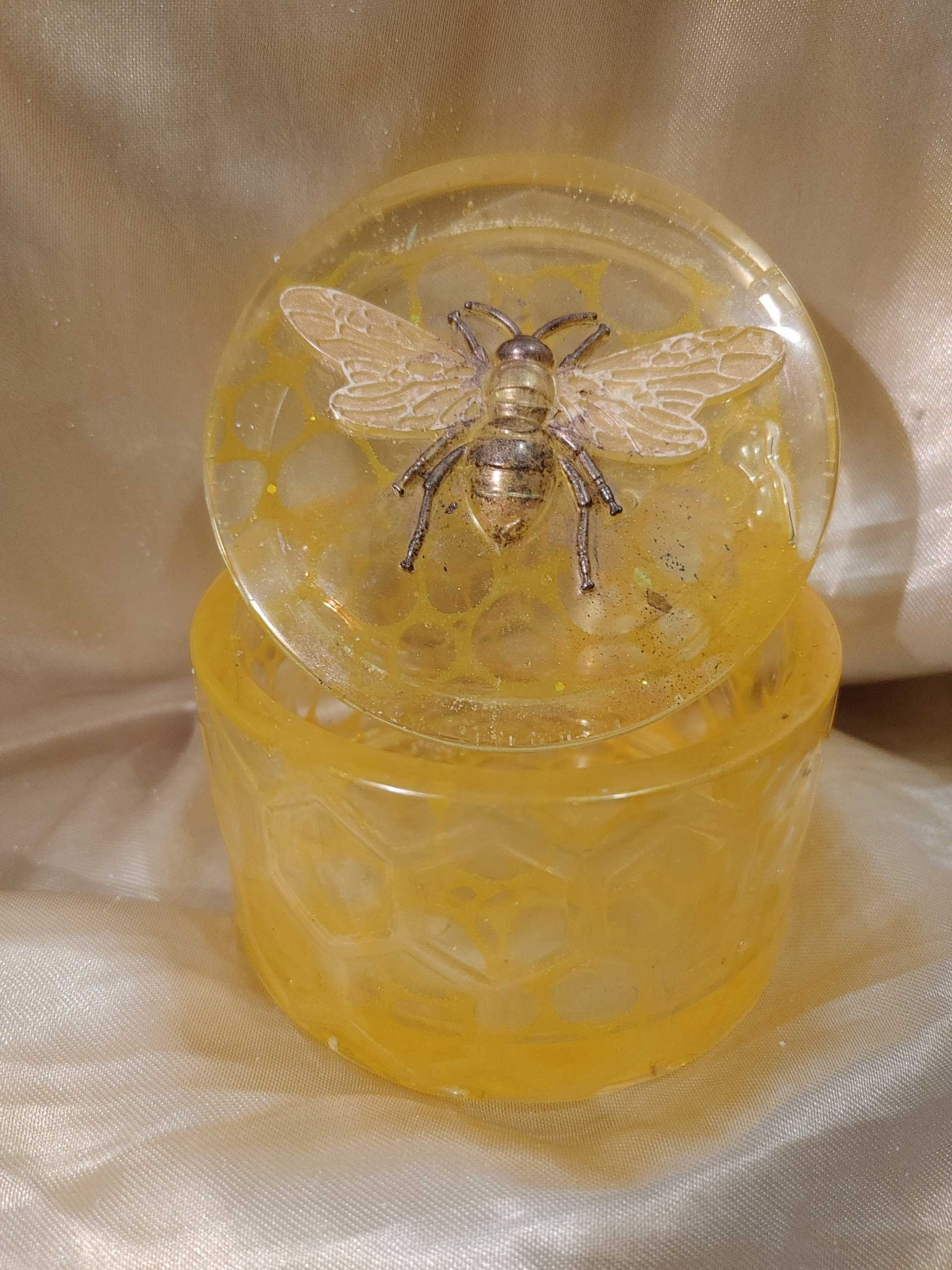Beehive Inspired Yellow/Gold Round Container with Raised Bee Design Lid ...